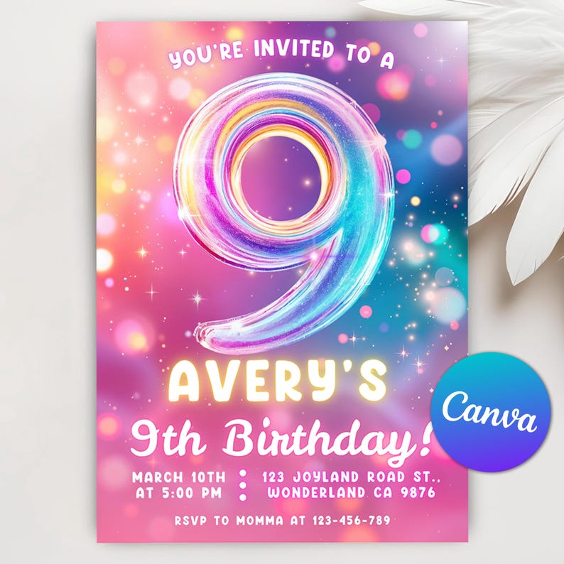 Pink 9th Birthday Invitation, Rainbow Glitter Birthday Invite, Girl ...
