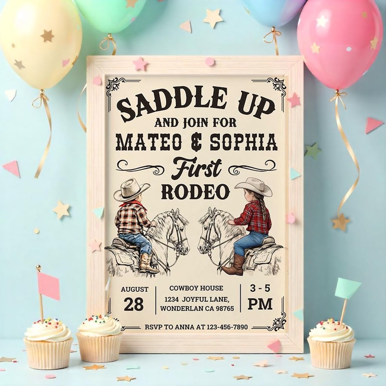 Boy Girl Siblings Double Birthday Invitation, Cowgirl Cowboy 1st Rodeo ...