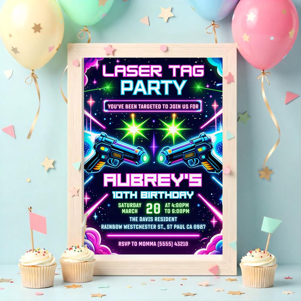 Laser Tag Birthday Invitation, Laser Tag Party Invite, Neon Glow ...