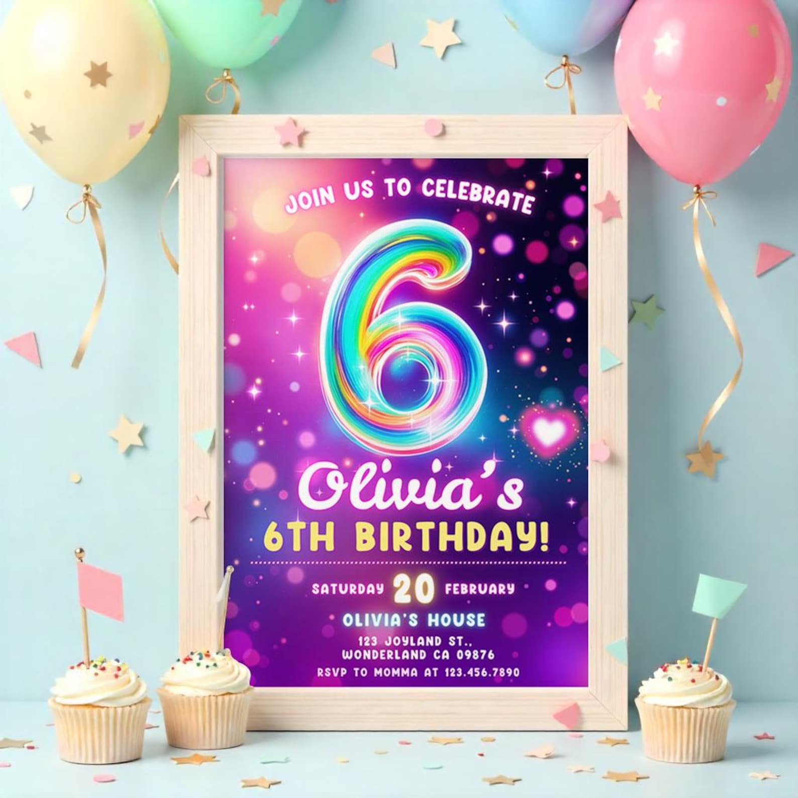 Pink 6th Birthday Invitation, Glitter Party Invite, Girl 6th Invitation ...