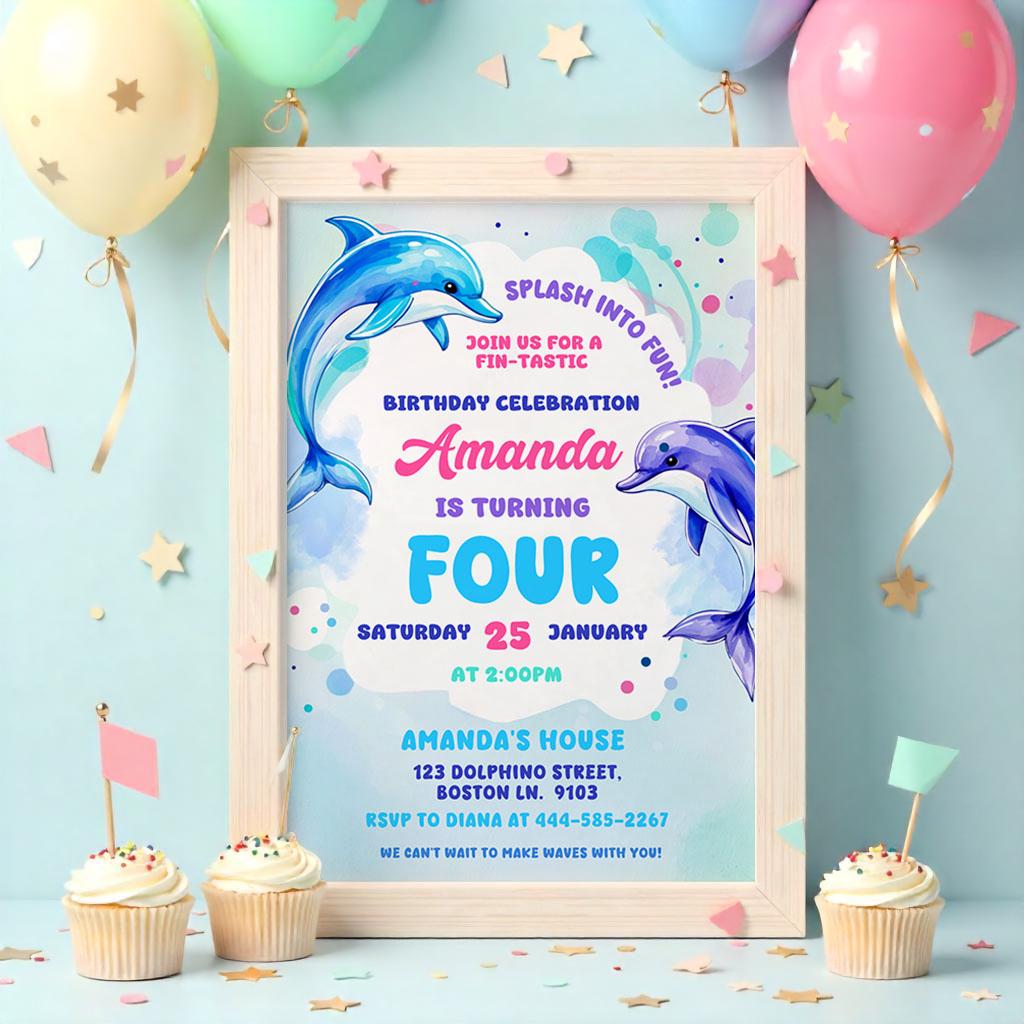 Dolphin Birthday Party Invitation, Rainbow Dolphin Party Under the Sea ...