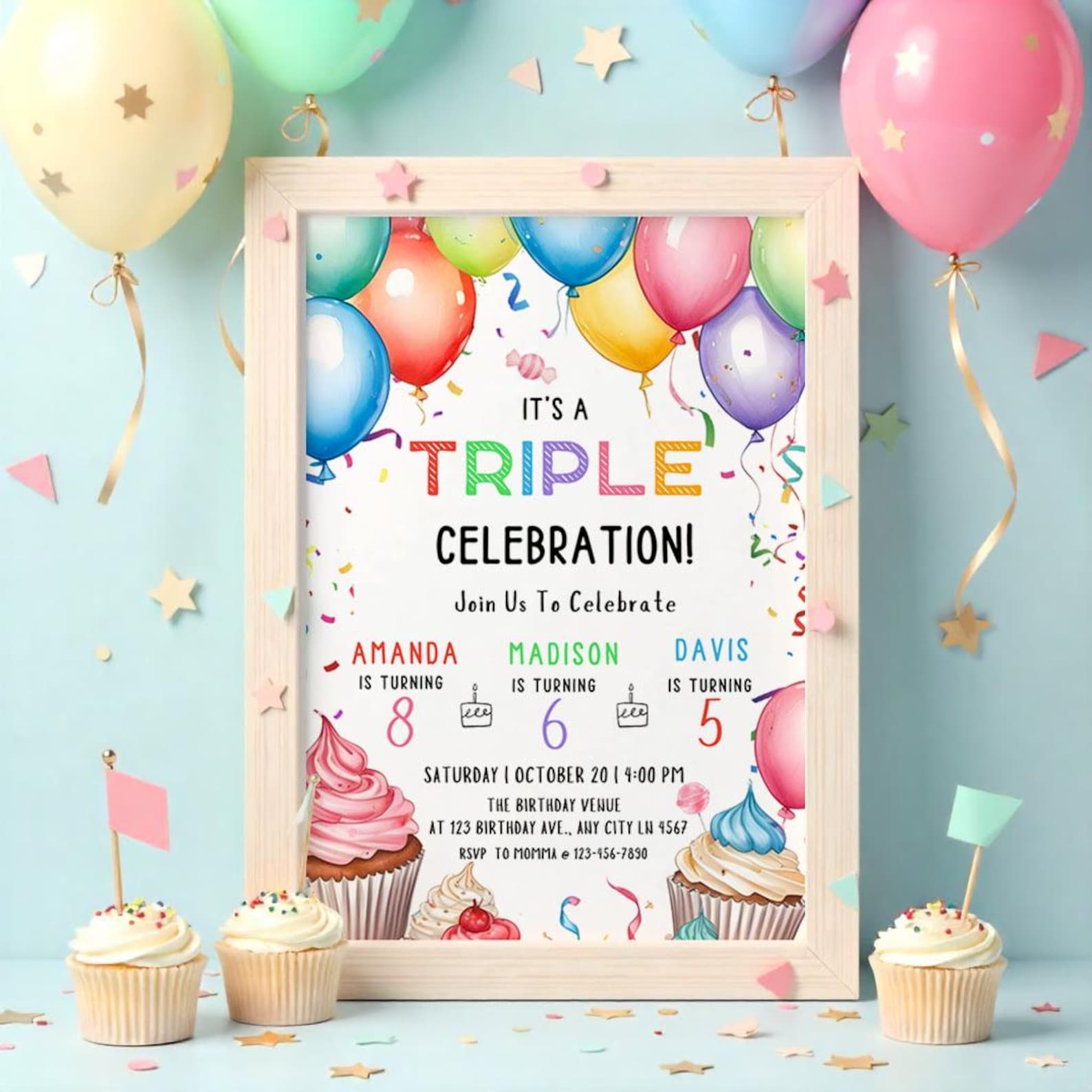 Triple Birthday Invitation, Sibling Birthday Invitation, Rainbow ...