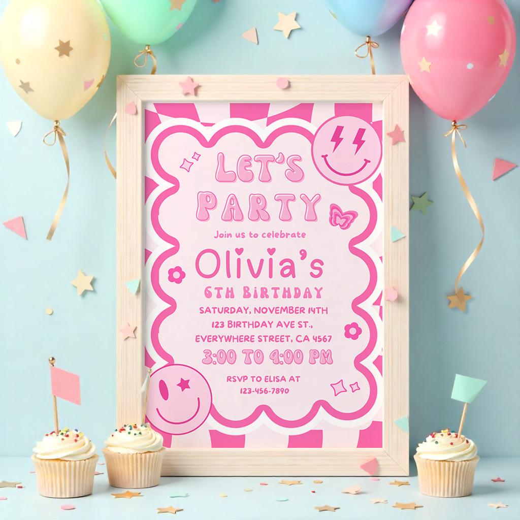 Editable Pink Retro Smiley Invitation, Teen Girl Birthday Invite ...