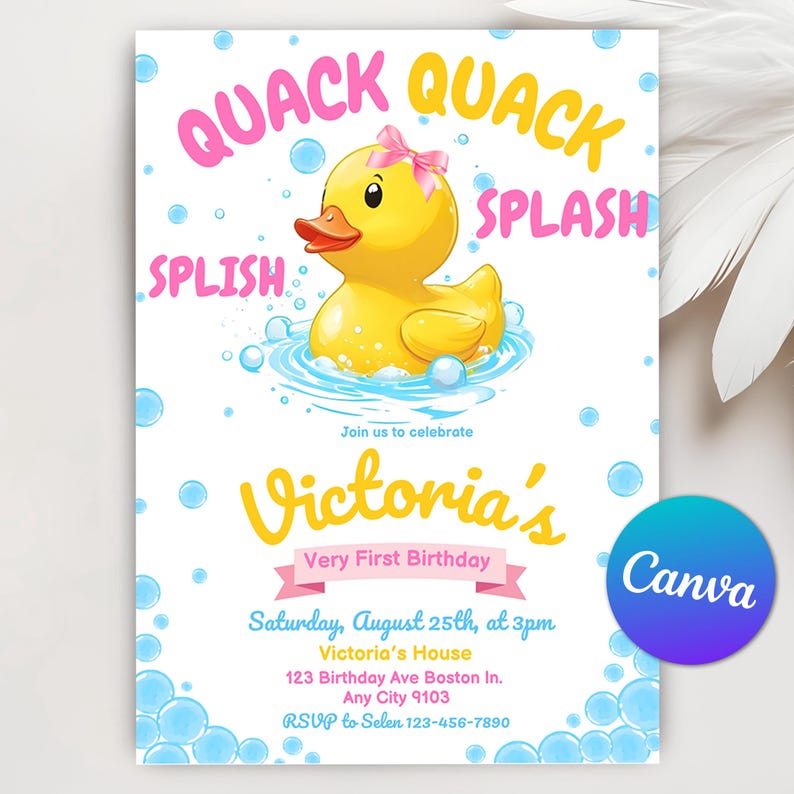 Rubber Duck Birthday Invitation, Girl First Birthday Inviter, Bath Time ...