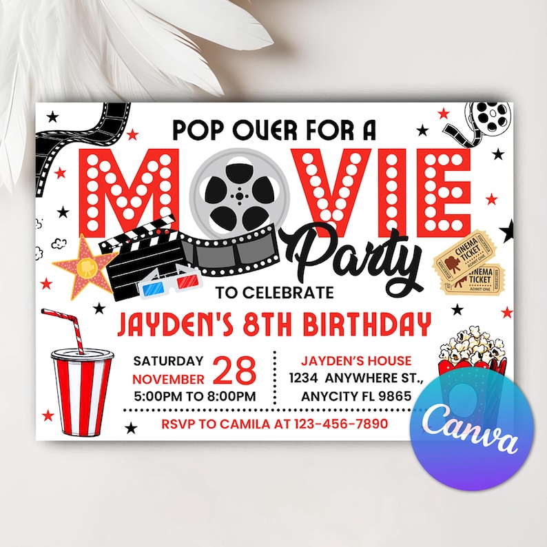 Movie Night Party Birthday Invitation, Cinema Birthday Invitation ...