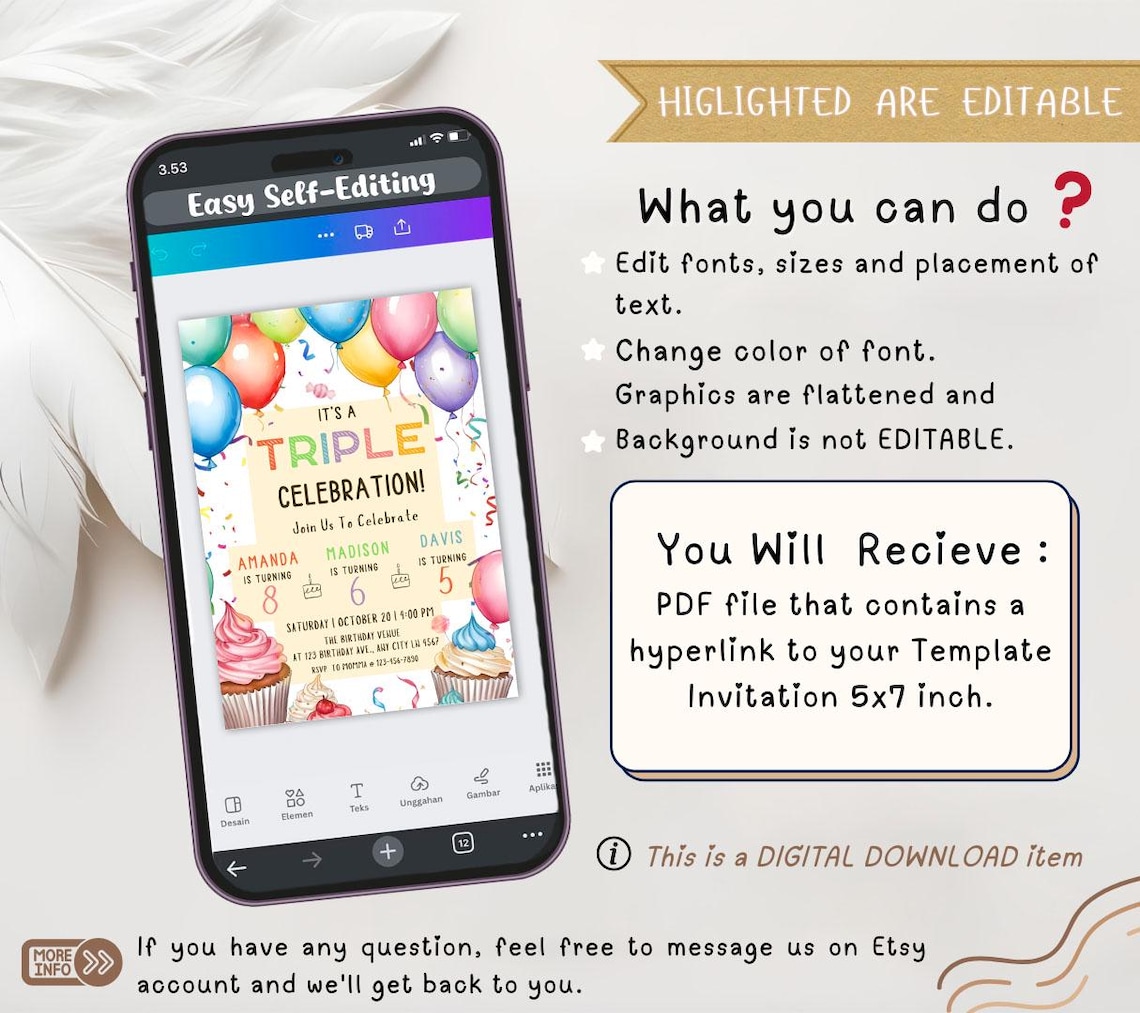 Triple Birthday Invitation, Sibling Birthday Invitation, Rainbow ...