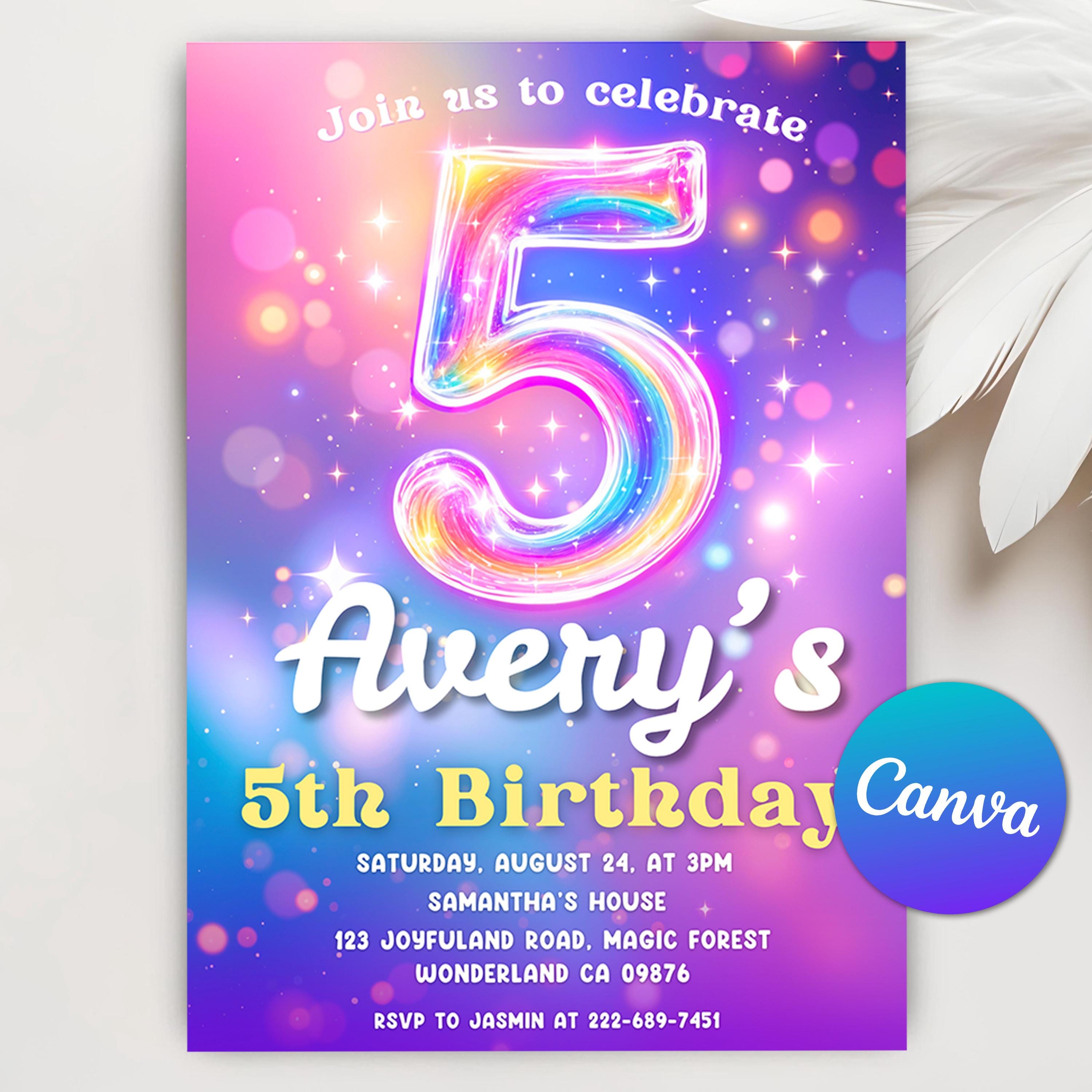 Pink 5th Birthday Invitation, Glitter Birthday Party, Rainbow Foil Girl ...