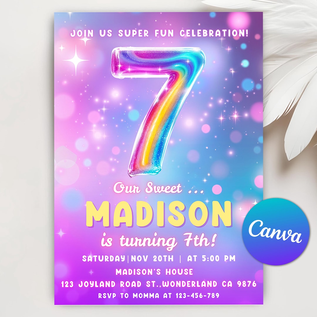 Pink 7th Birthday Invitation, Glitter Birthday Party, Rainbow Foil Girl ...