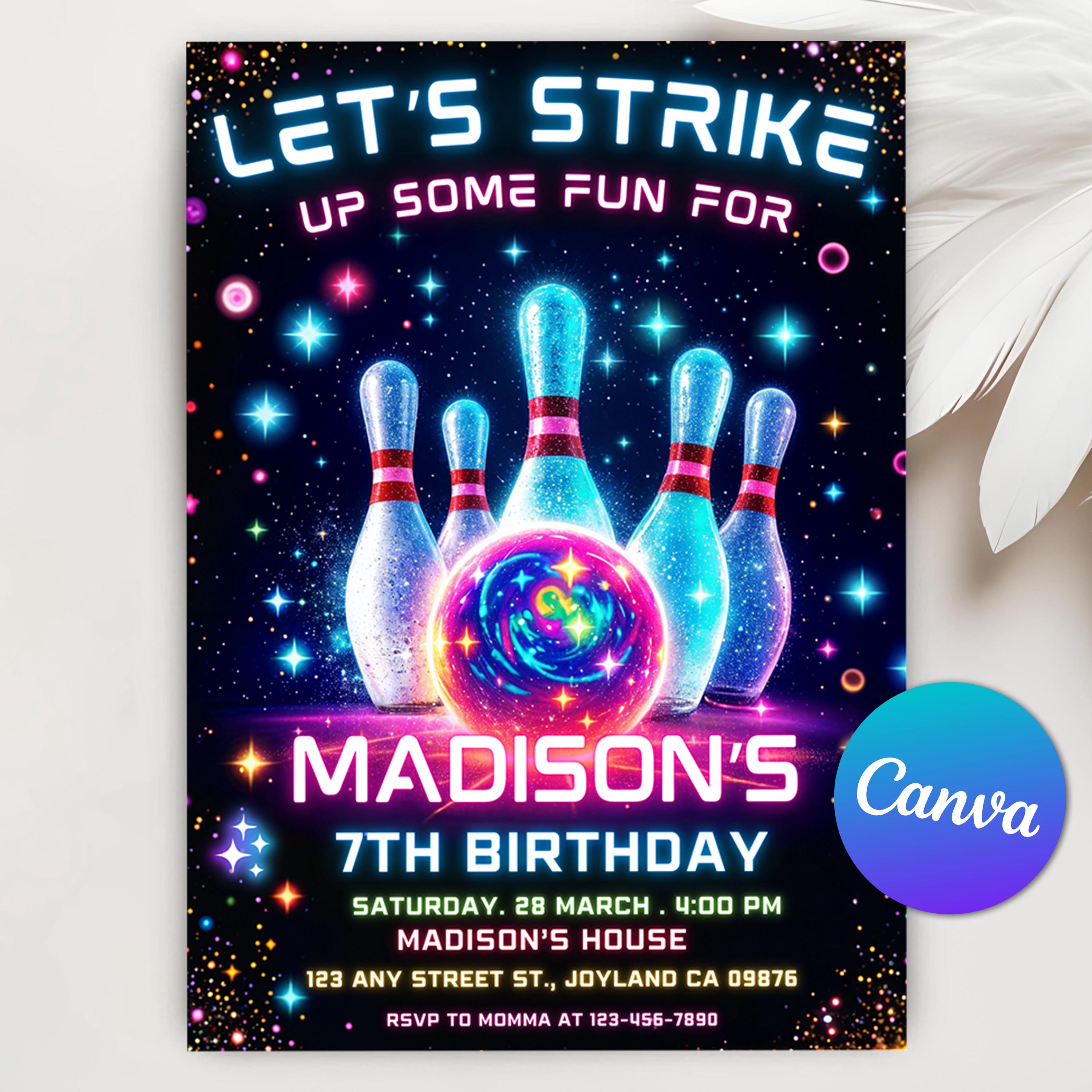 Editable Bowling Birthday Invitation, Girl Bowling Party, Glow Bowling ...