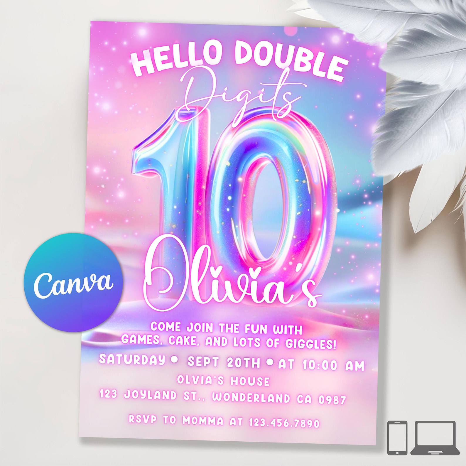 10th Birthday Invitation, Girls Glitter Birthday Invitation, Hello ...