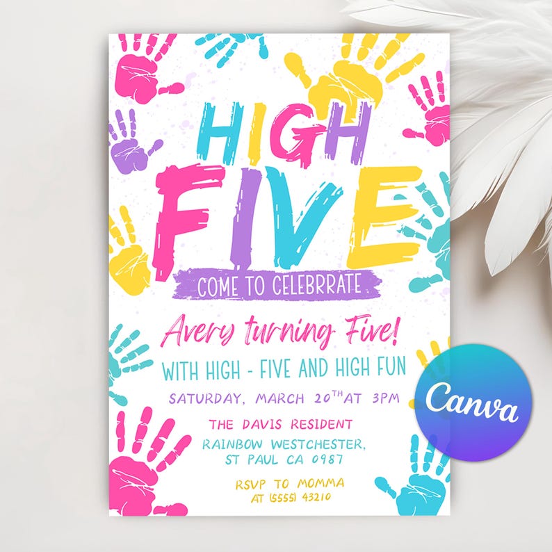 High Five Birthday Invitation, 5th Year Birthday Invite, Hi Five Girl ...