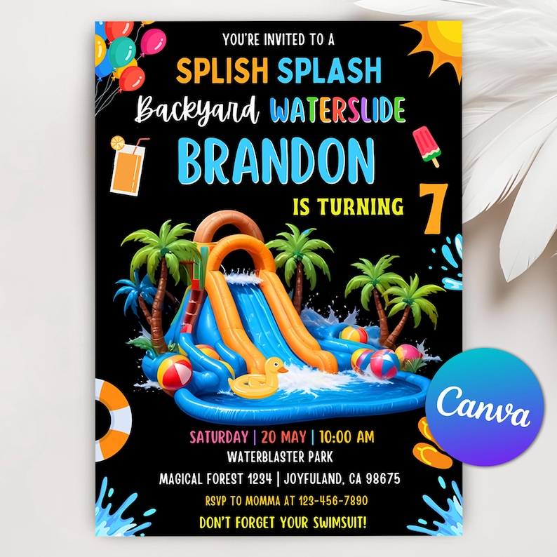 Waterslide Birthday Invitation Boy Girl Splash Party Invite, Summer ...