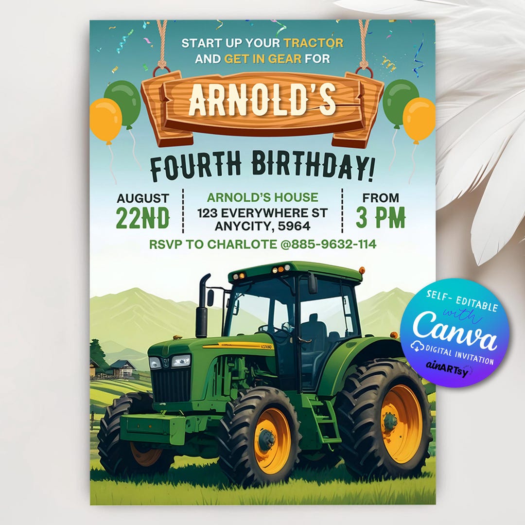 Editable Tractor Invitation, Tractor Birthday Invites, Green Tractor ...