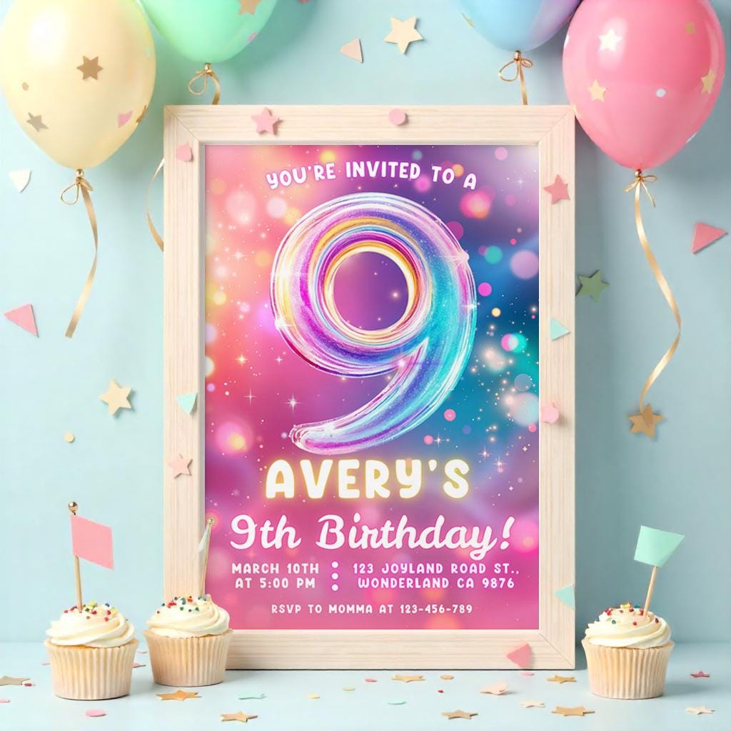 Pink 9th Birthday Invitation, Rainbow Glitter Birthday Invite, Girl ...