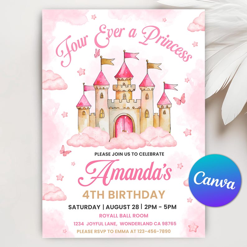 Four Ever A Princess Birthday Invitation Girl, Princess Birthday Party ...