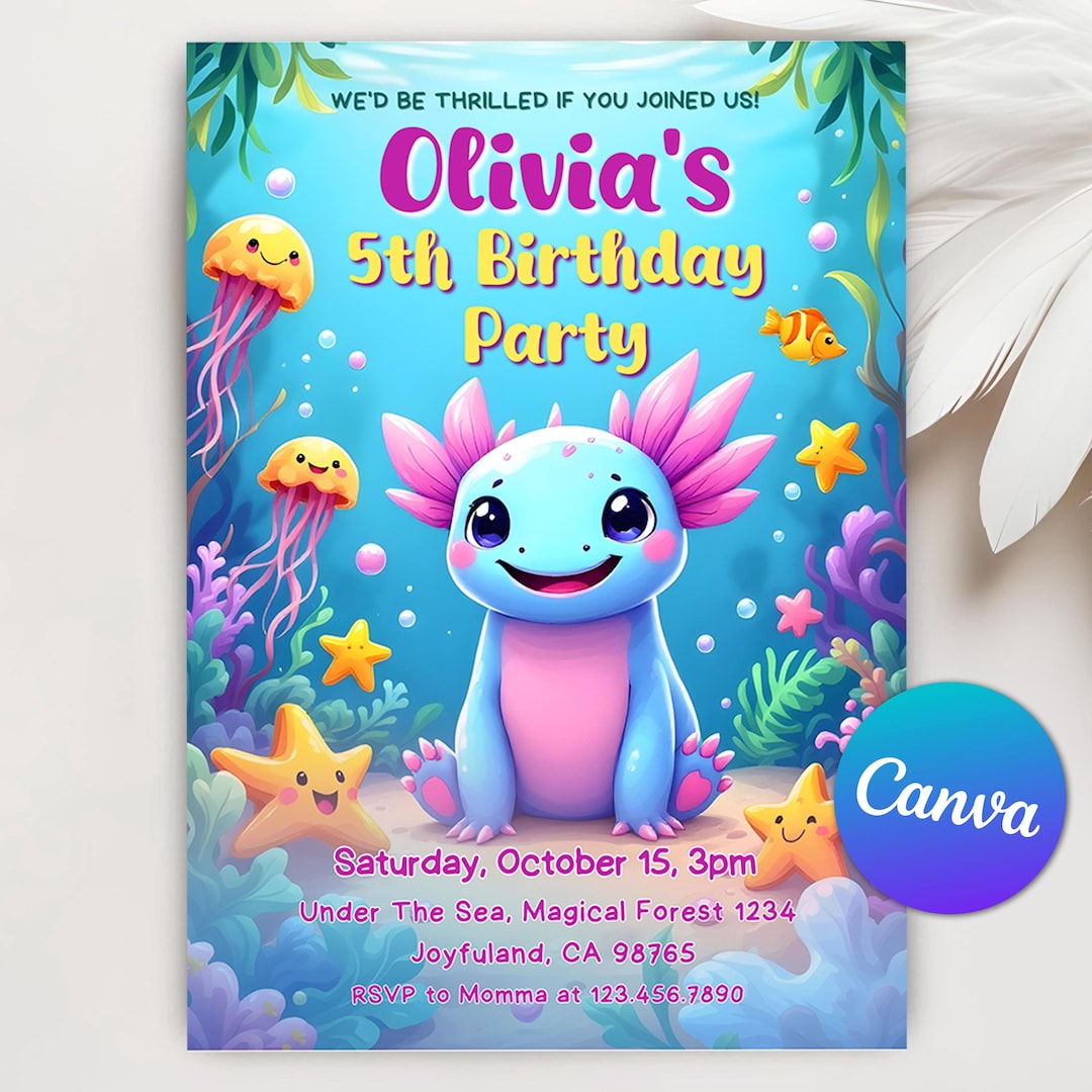 Axolotl Birthday Invitation, Cute Pink Girl Axolotls Invite, Axolotls ...