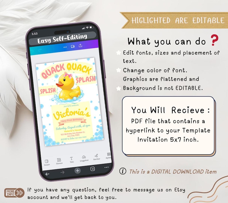 Rubber Duck Birthday Invitation, Girl First Birthday Inviter, Bath Time ...