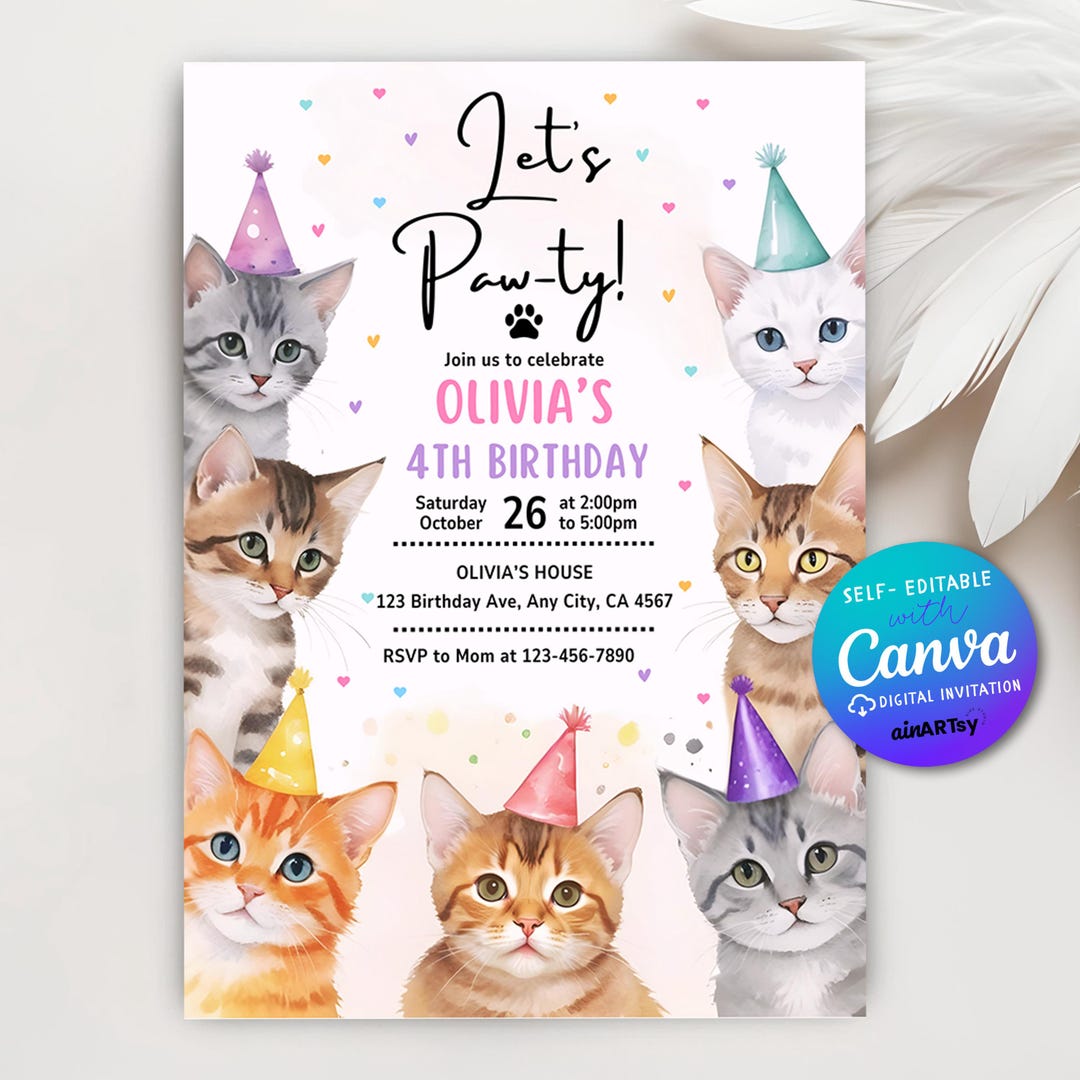 Cat Themed Birthday Invitation, Cat Birthday Invitation, Cat Birthday ...