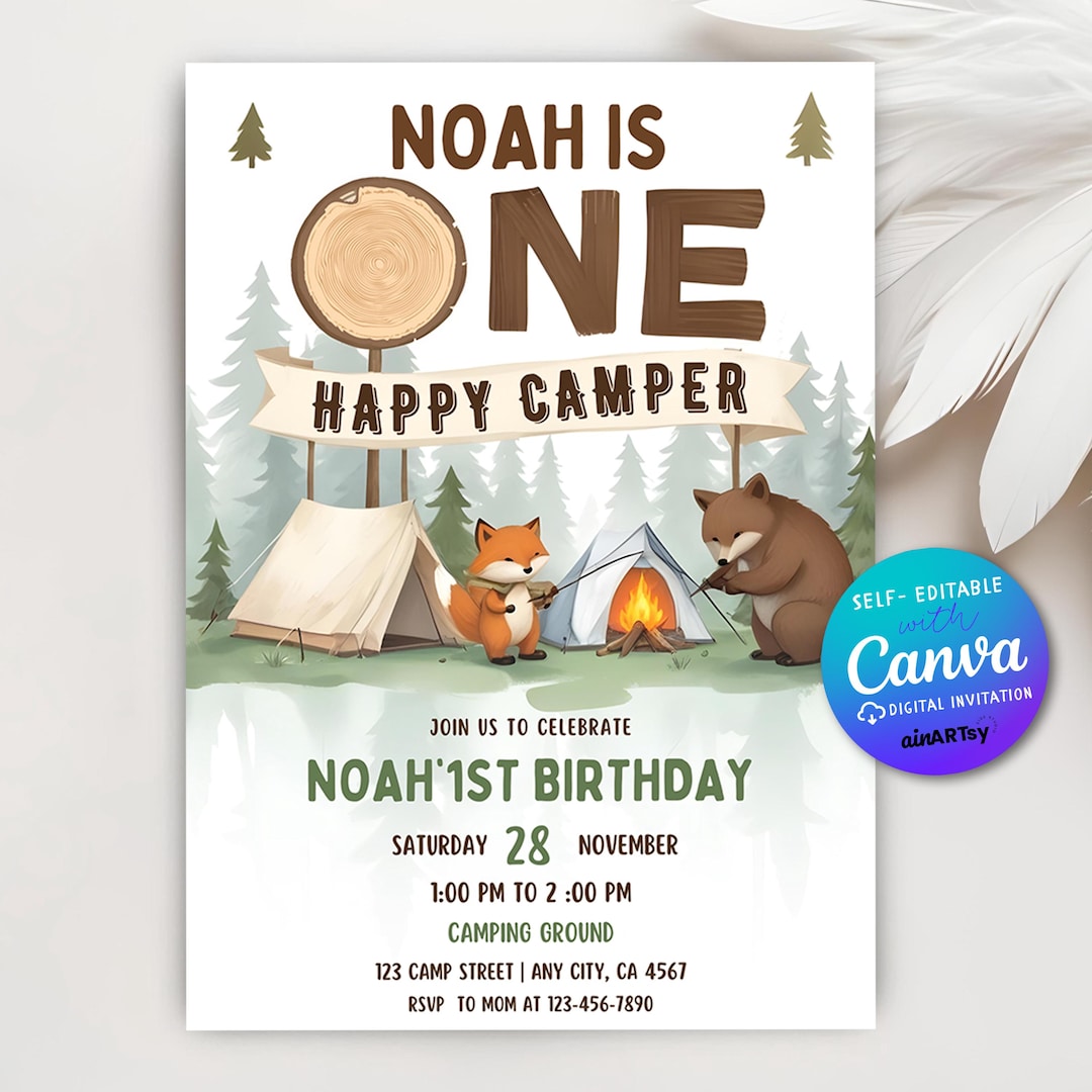 One Happy Camper Birthday Invitation, Boy First Birthday, Boy Happy Camper Invitation, Camping ...