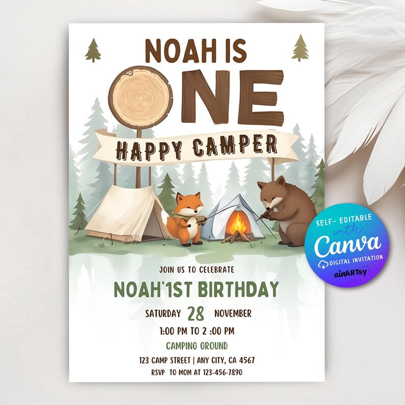 One Happy Camper Birthday Invitation, Boy First Birthday, Boy Happy Camper Invitation, Camping ...