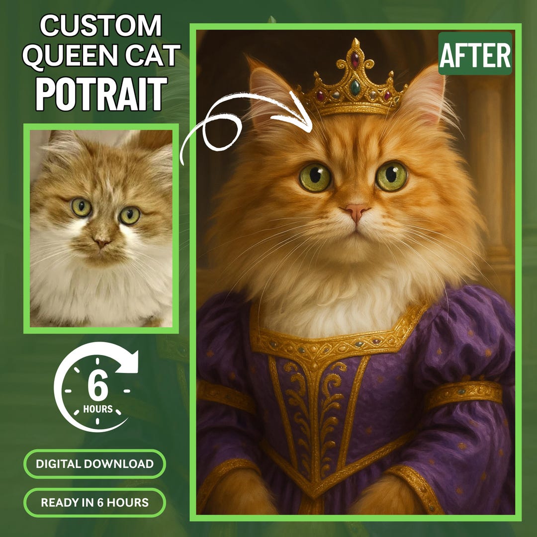 Personalized Queen Cat Portrait Photo – Custom Royal Pet Art From Your ...