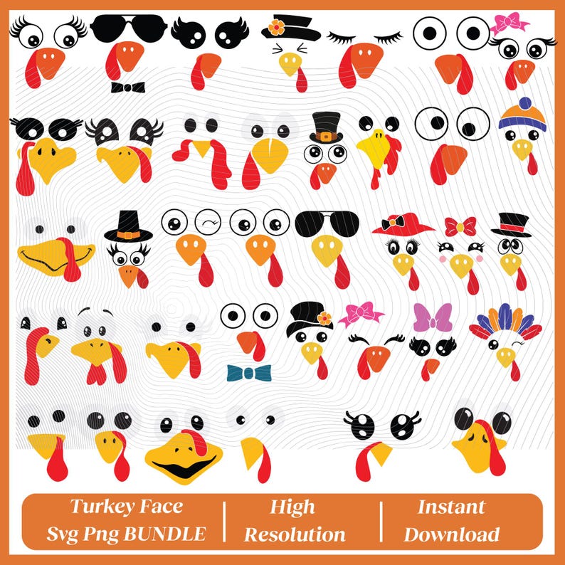 Thanksgiving Turkey Face SVG PNG Bundle, Thanksgiving Clipart Bundle ...