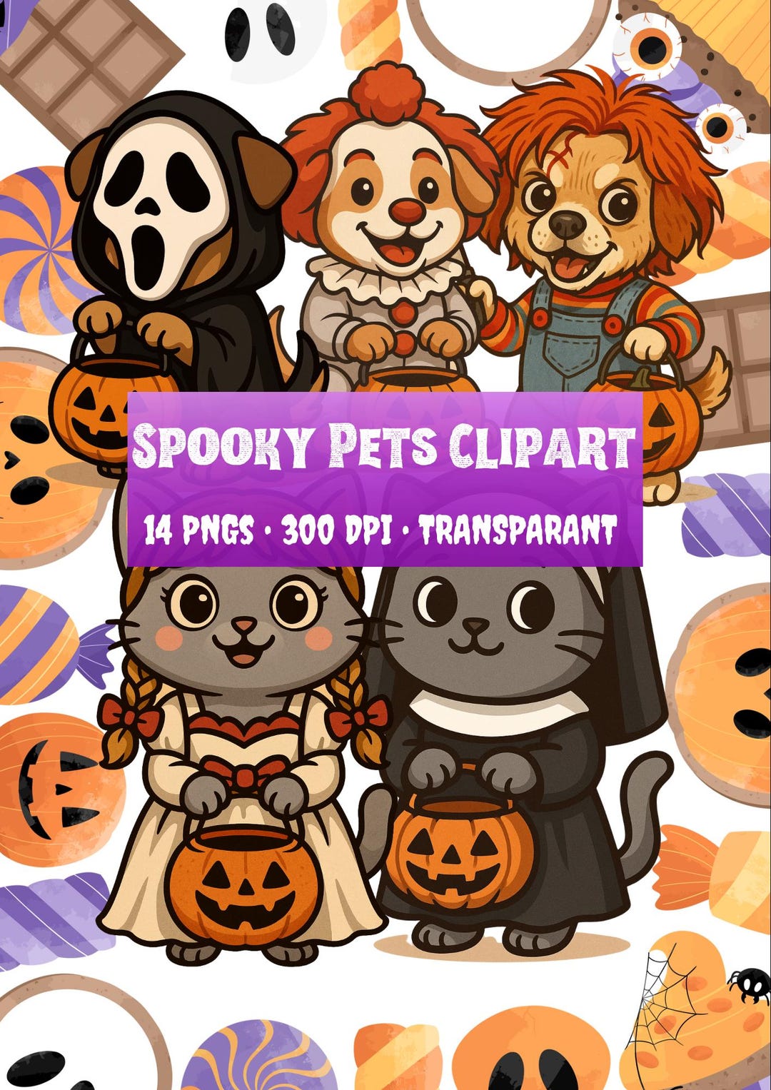 Spooky Halloween Pets Clipart Bundle | Cute Scary Dogs & Cats PNG | 300 ...