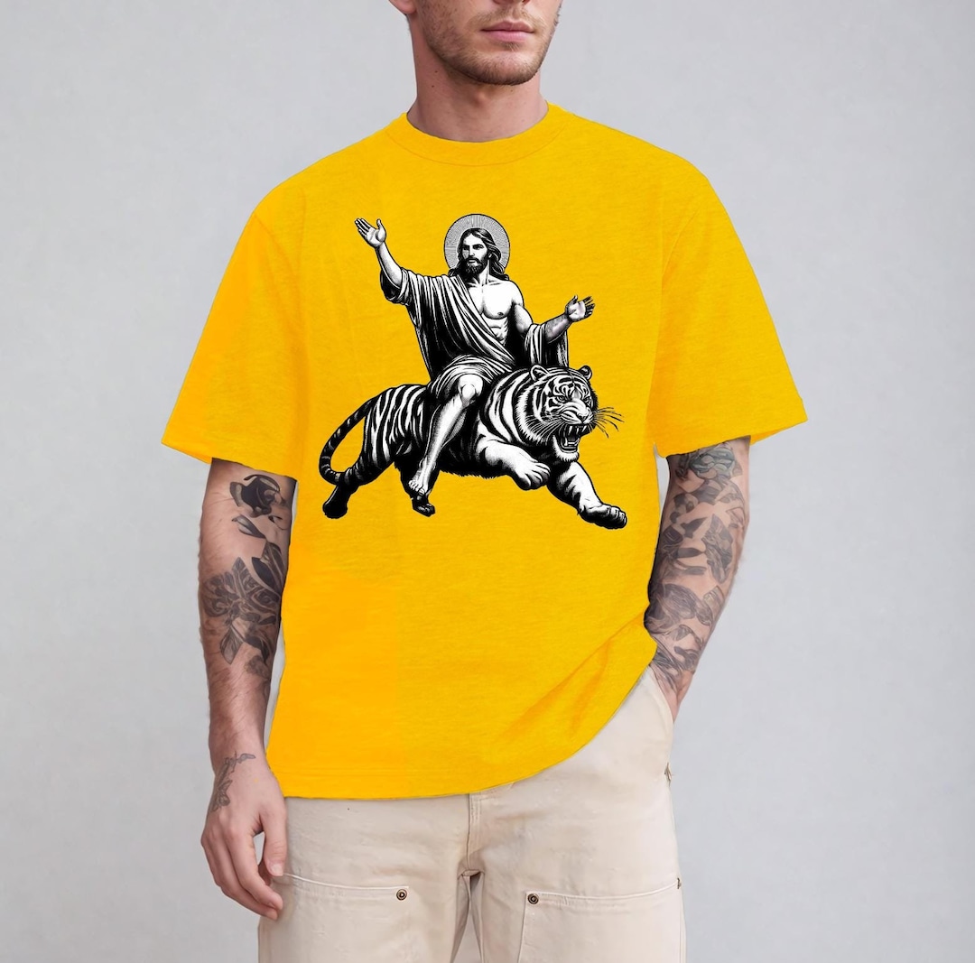 Jesus Riding a Tiger T-shirt, Funny Jesus Tiger Shirt, Cool Graphic Tee ...