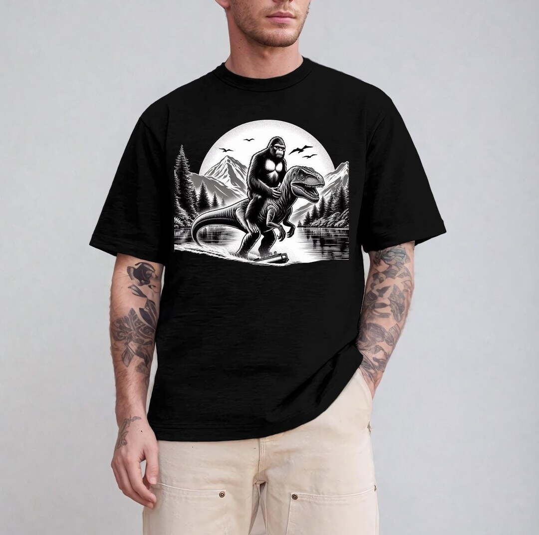 Bigfoot Riding a T-rex T-shirt Funny Dinosaur Shirt for Men Cool ...