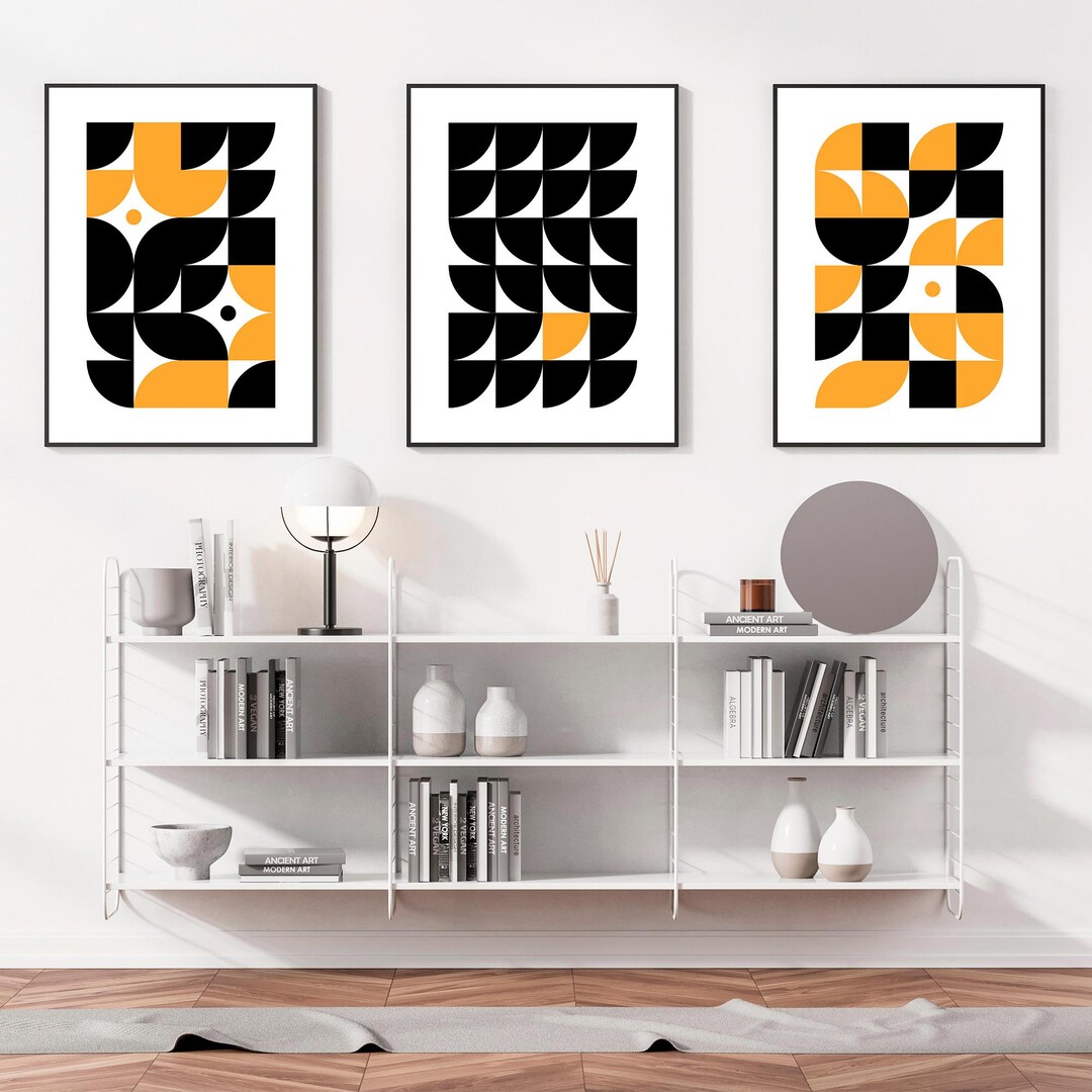 Modern Triptych of Bauhaus Poster Mid Century Modern Wall Art, Yellow ...