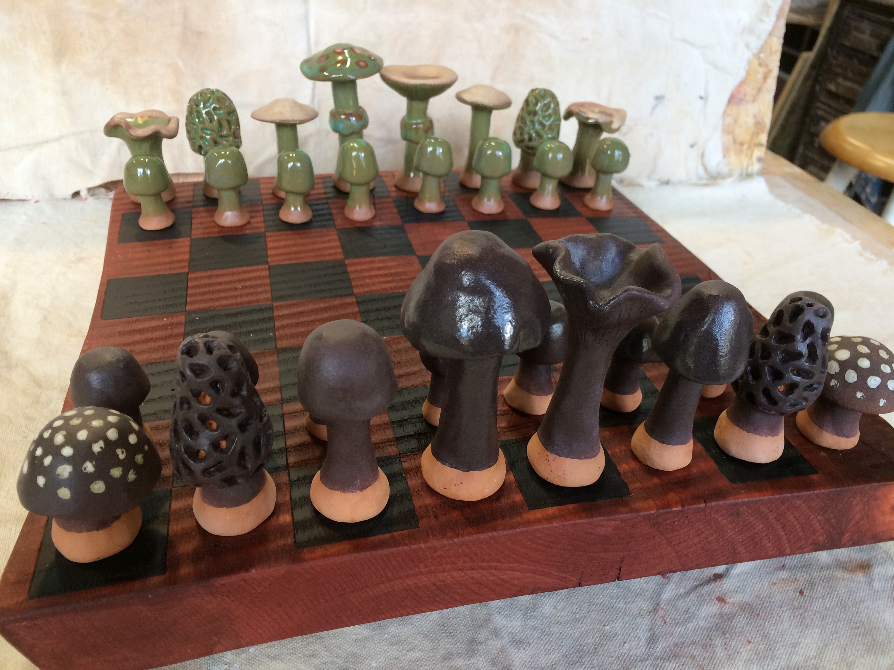 Mushroom Chess Set & Board. Black Vs. Green. Handmade Ceramics Made at ...