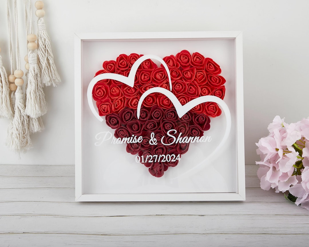 Custom Flower Heart Shadow Box for Her, Rose Shadow Box With Name ...