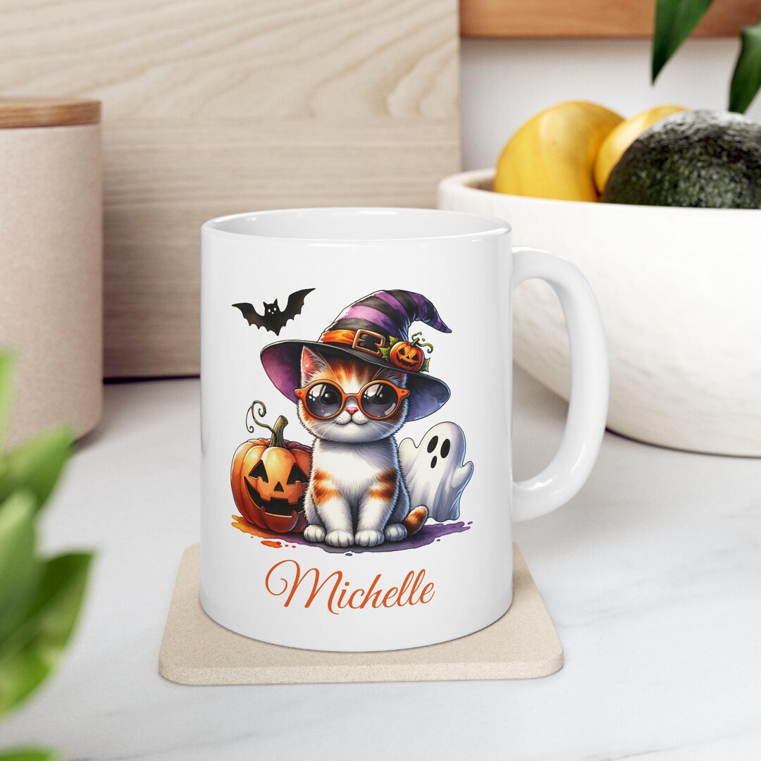 Personalized Halloween Cat Mug / Cute Witch Kitty With Pumpkin & Ghost ...
