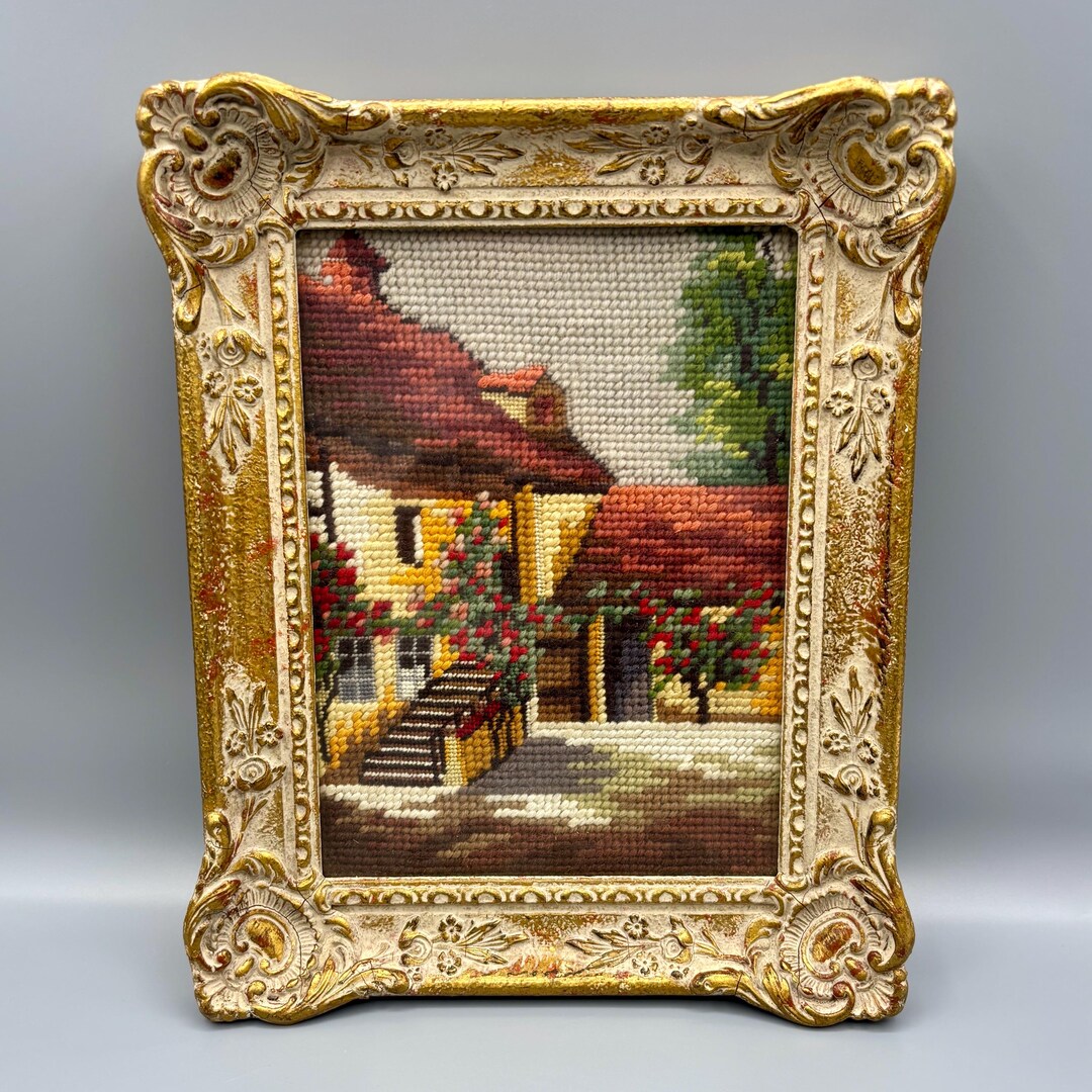 Vintage Needlepoint Wall Art | Framed Cottage Scene With Floral Details ...