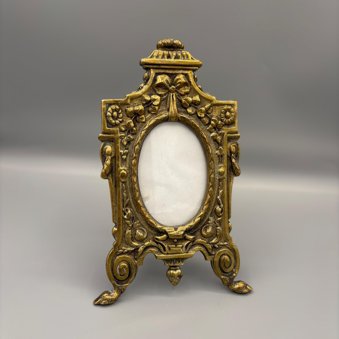 Antique Ornate Brass Frame | Small Oval Photo Frame With Bow & Floral ...