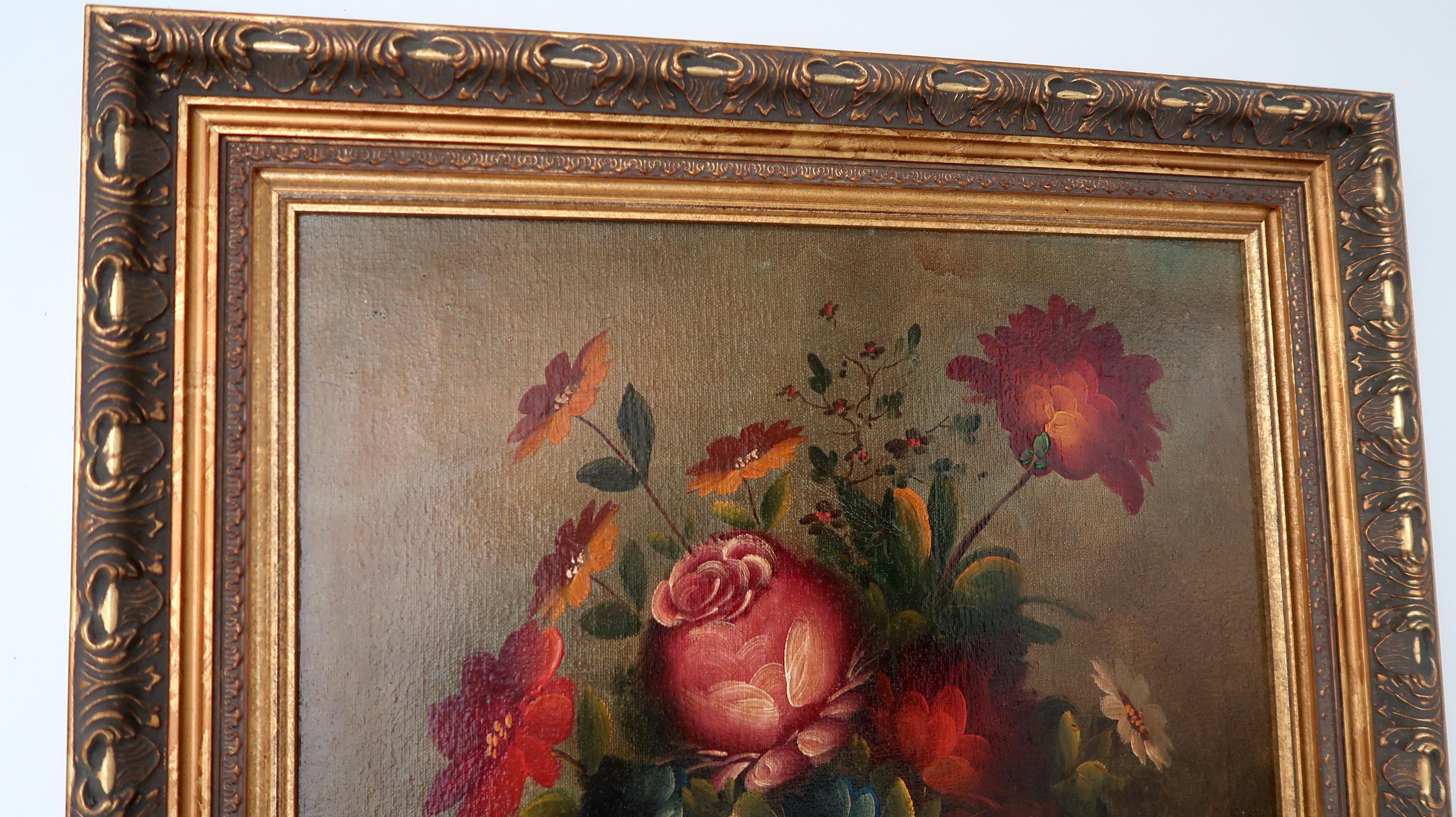 Vintage Moody Floral Oil Painting in Ornate Gold Frame, Signed Bouchet ...