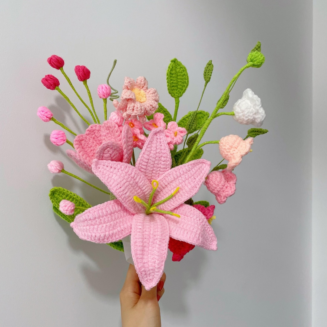 Crochet Pink Lily Bouquet,knit Tulip Rose Flower,finished Crochet ...