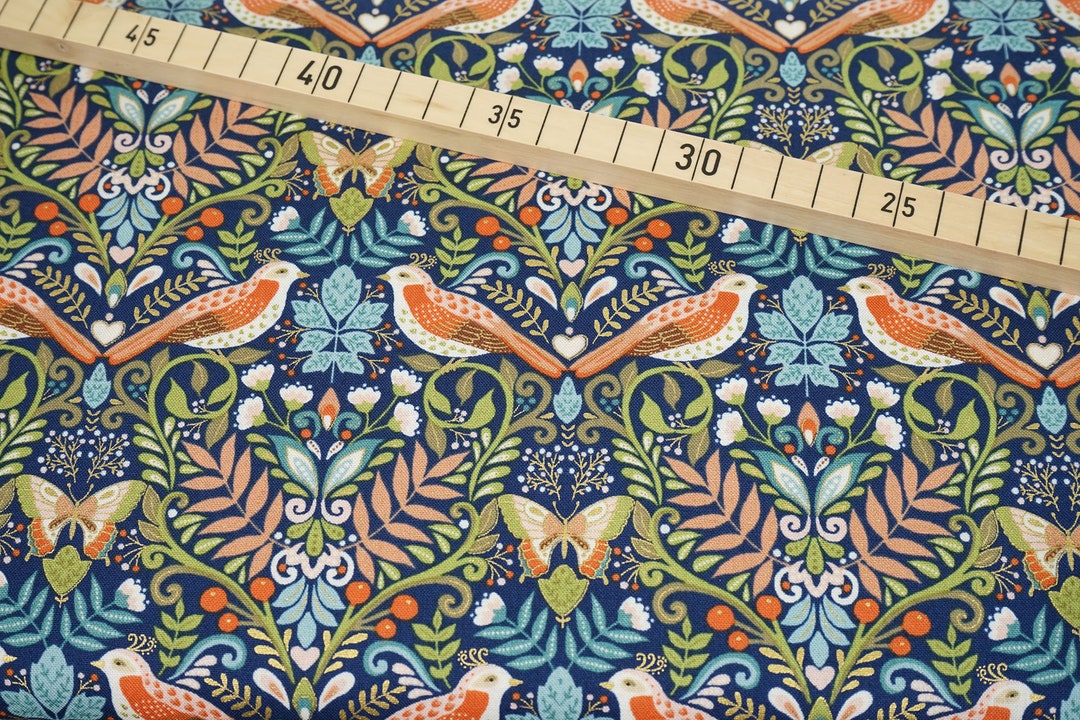 Makower • Luxe • Damask Birds • Navy 0,5 m - Etsy.de