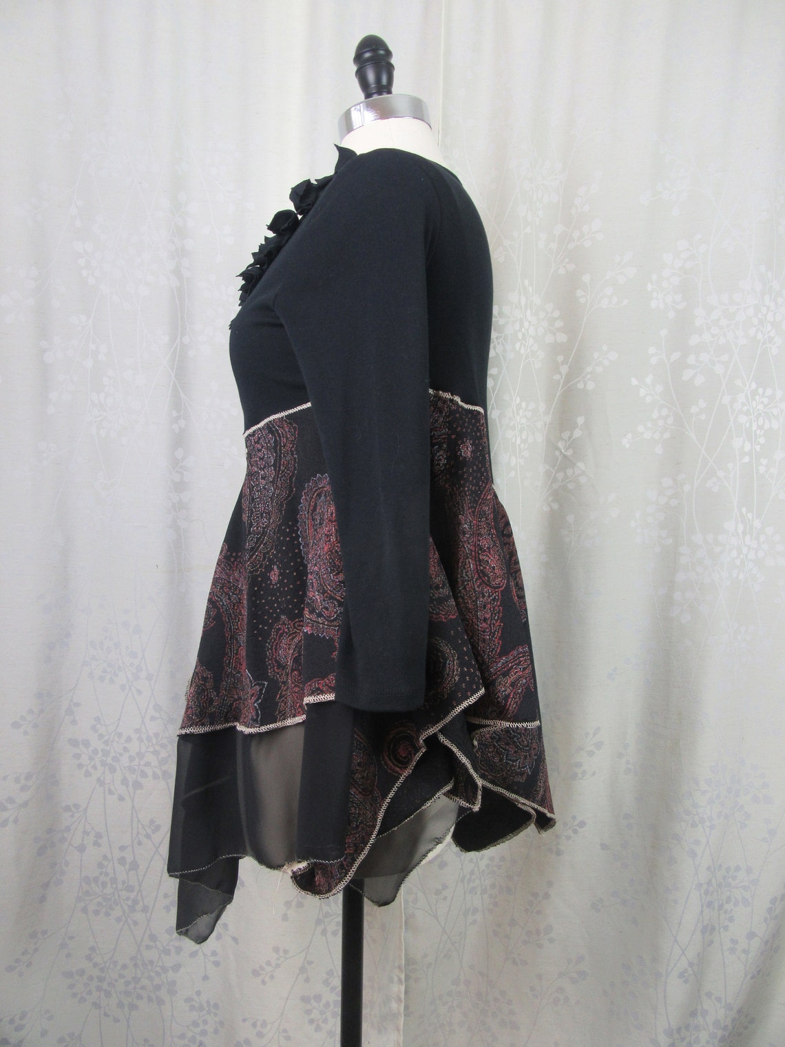 Lagenlook Elegant Black Knit Tunic Long Layered Flowing Boho Paisley ...