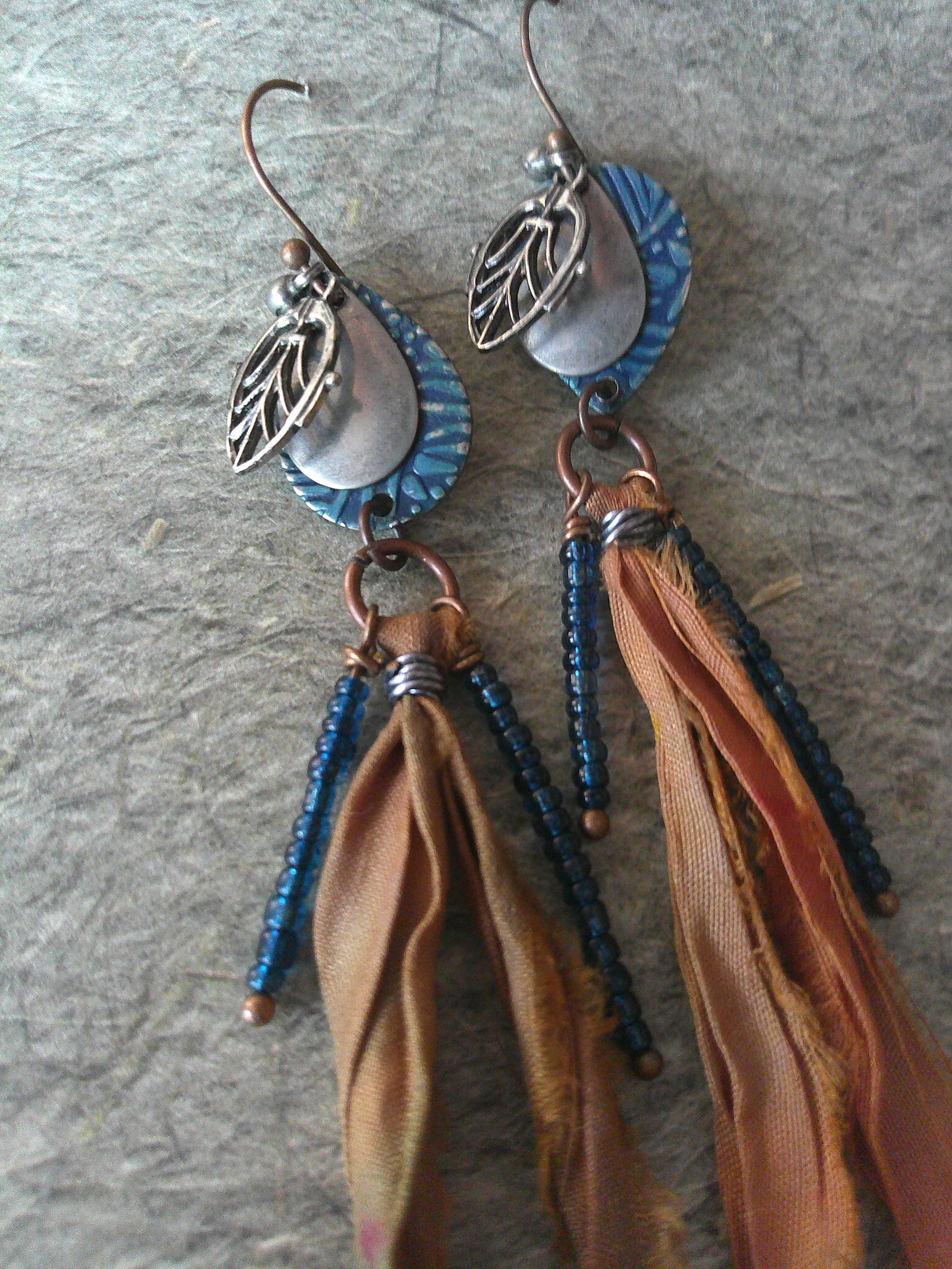 Earrings Boho Wabi Sabi Dangles 'earth & Sky' Recycled Sari Silk Etched ...