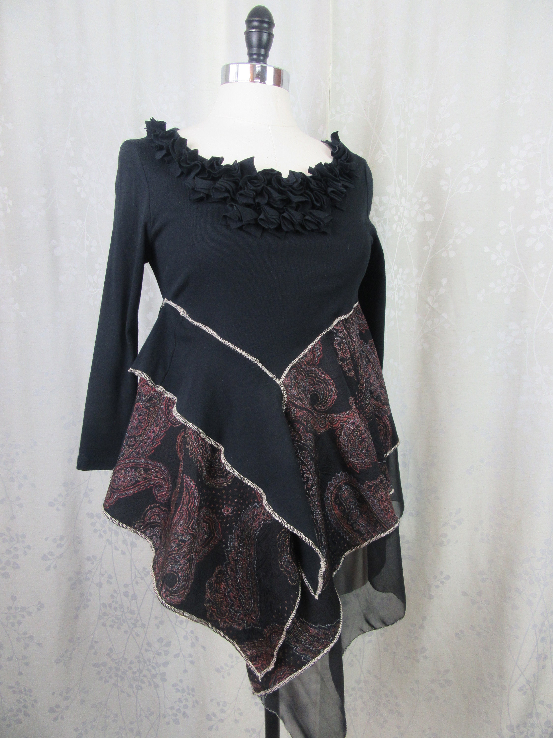 Lagenlook Elegant Black Knit Tunic Long Layered Flowing Boho Paisley ...