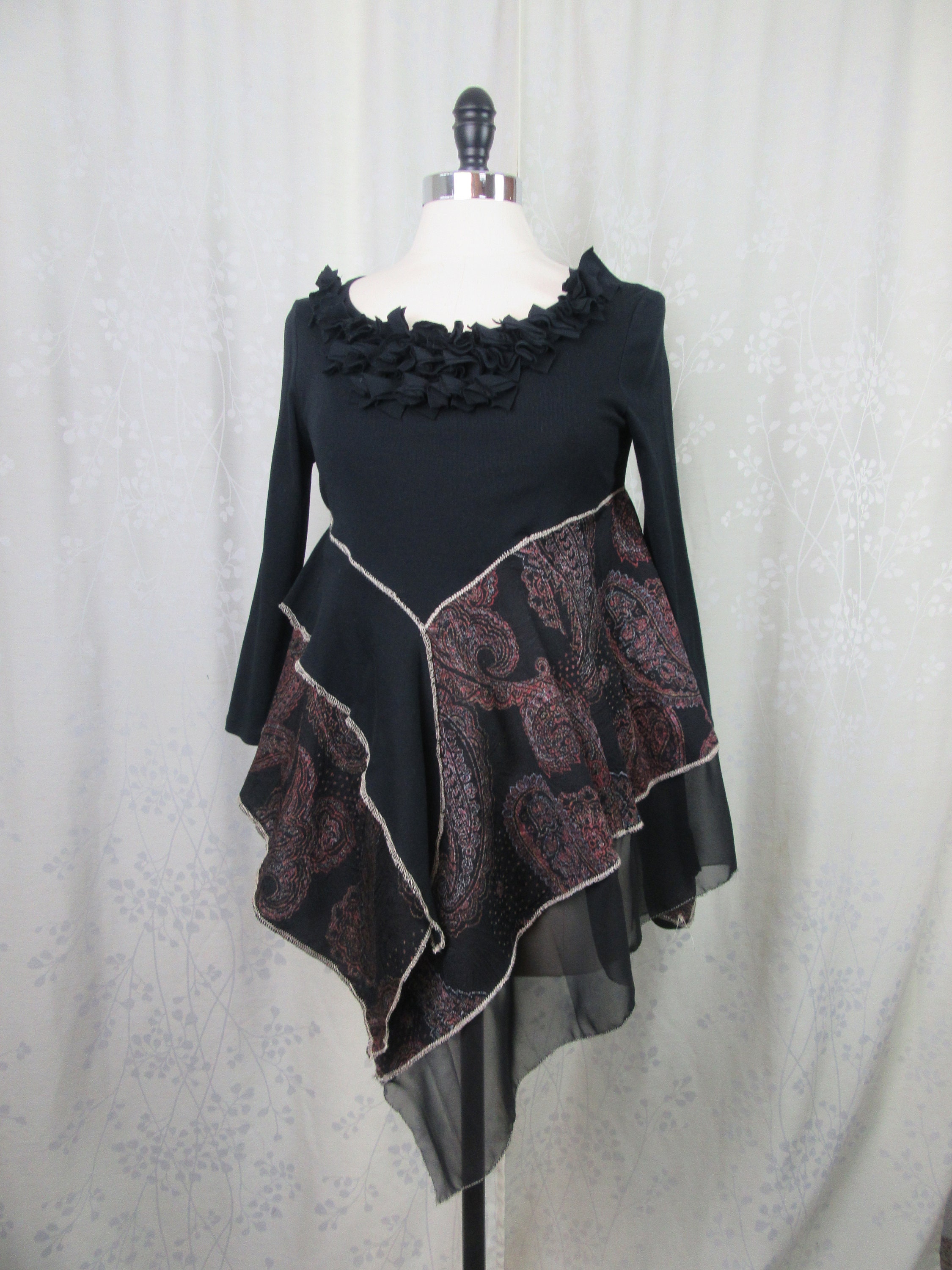 Lagenlook Elegant Black Knit Tunic Long Layered Flowing Boho Paisley ...