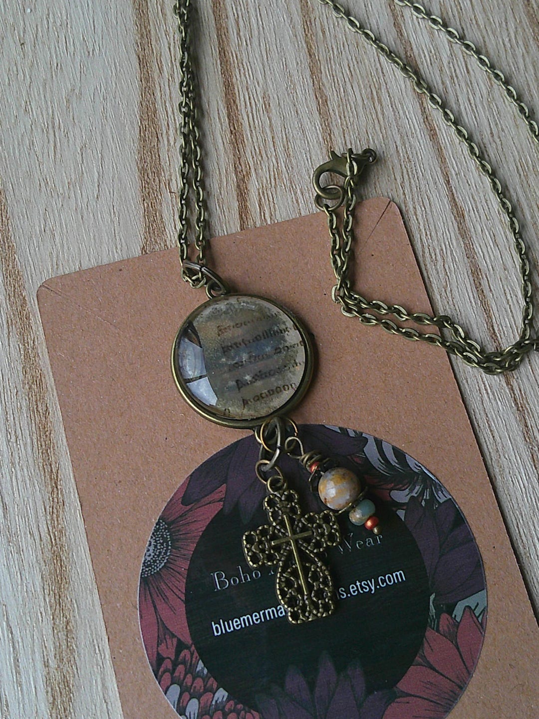 Alchemical Ephemera OOAK Necklace 18" Glass Decoupage Ancient Script ...