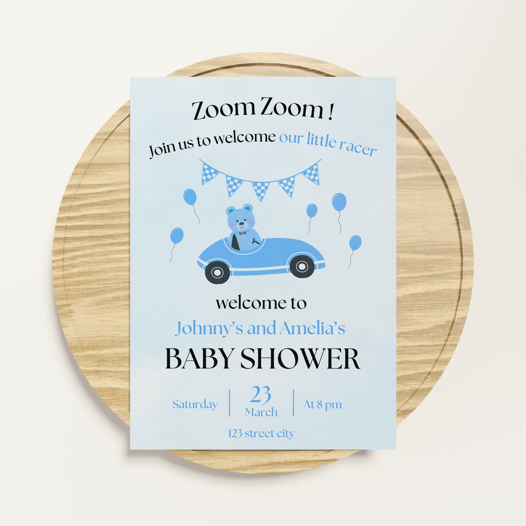 Baby Shower Baby Boy Race Cars Invite Cute Teddy Bear Racing Theme ...
