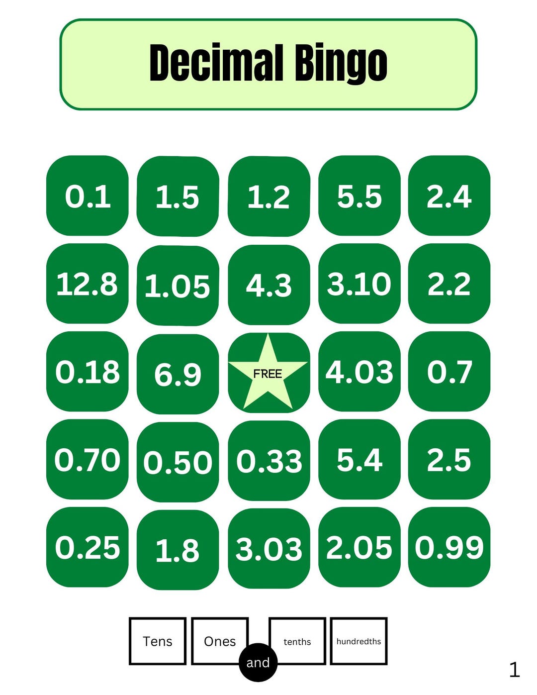 Decimal Bingo - Fun Decimal Review - Etsy