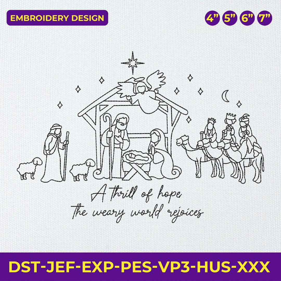 Nativity Embroidery Design | Christian Christmas Line Art Stitch File ...