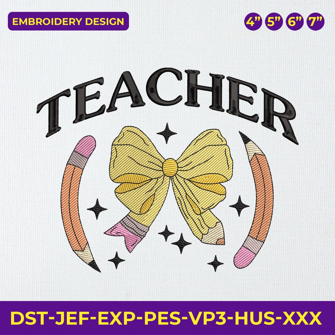 Teacher Embroidery Design | Pencil and Bow Machine Embroidery File ...