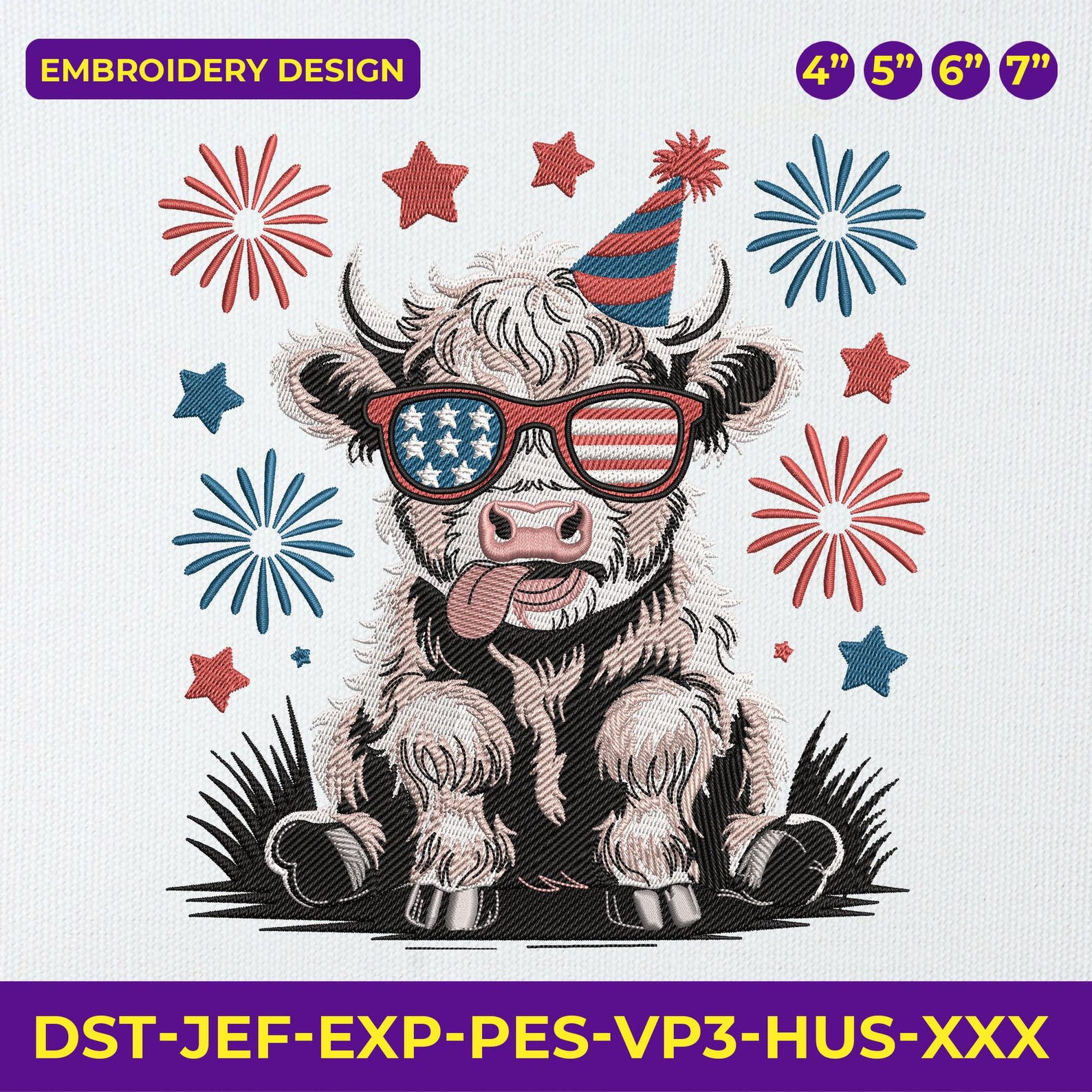 Patriotic Highland Cow Embroidery Design | 4th of July Funny Cow Stitch ...