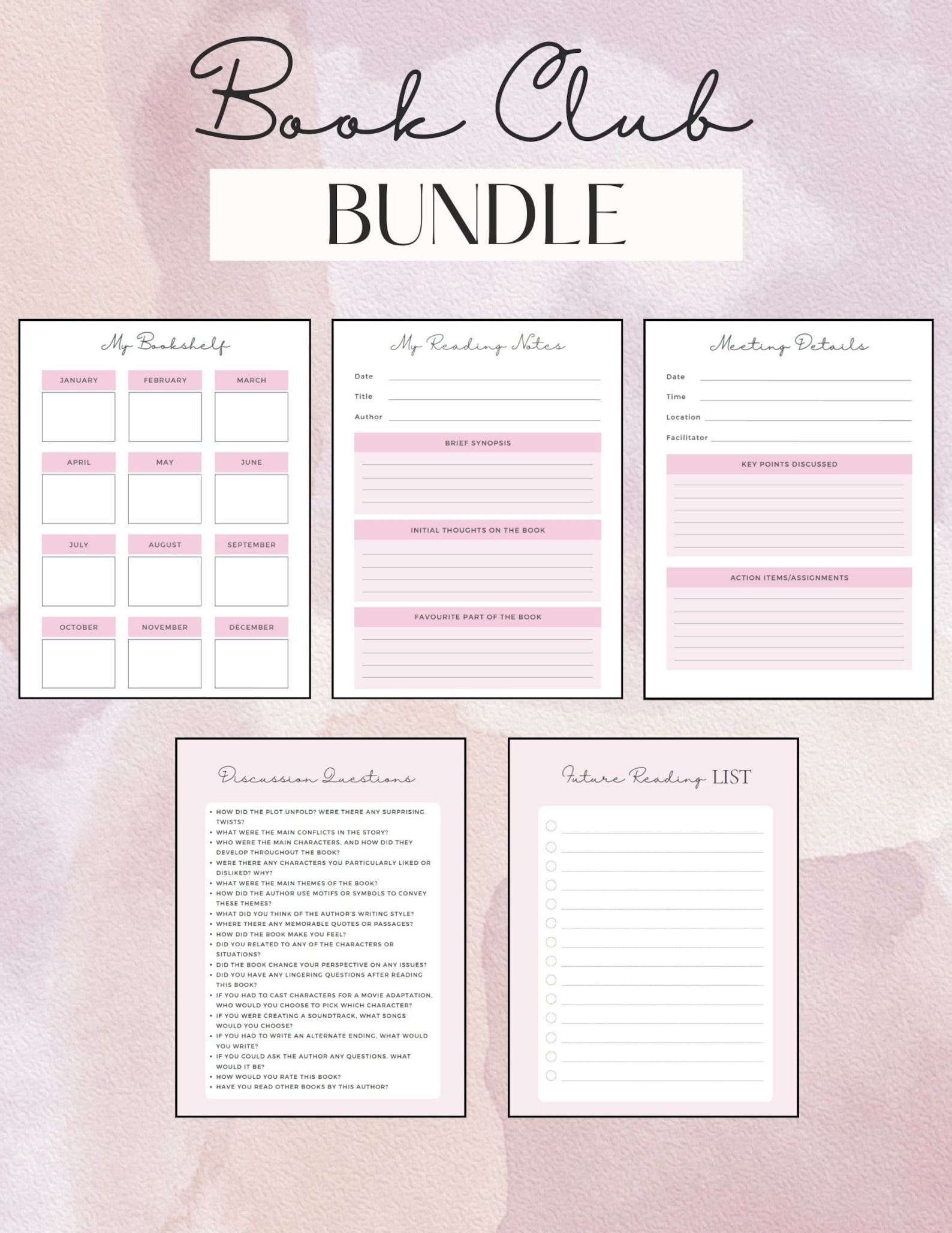 Book Club Bundle, Printable Book Review, Discussion Questions, Modern ...