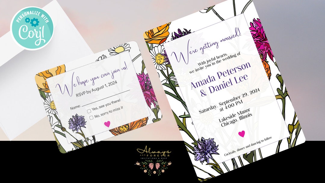 Wildflower Wedding Invitation Template - Customizable Downloadable ...